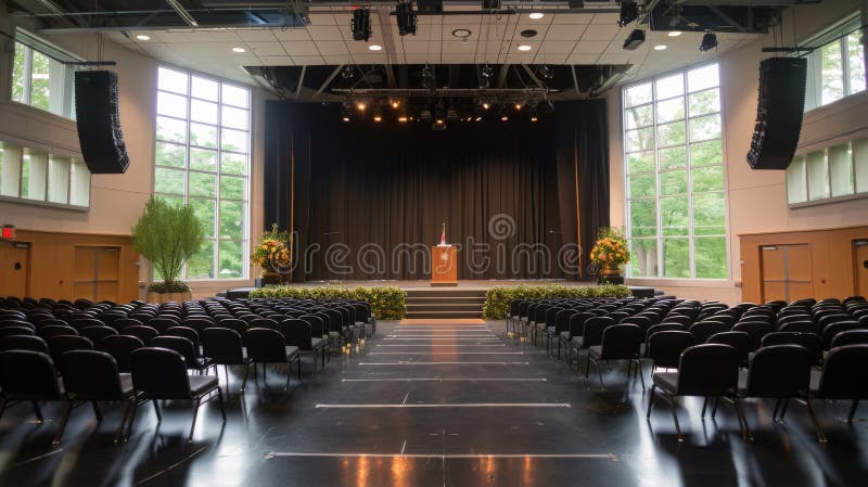 Large Auditorium with Rows of Chairs and Stage Stock Image - Image of ...