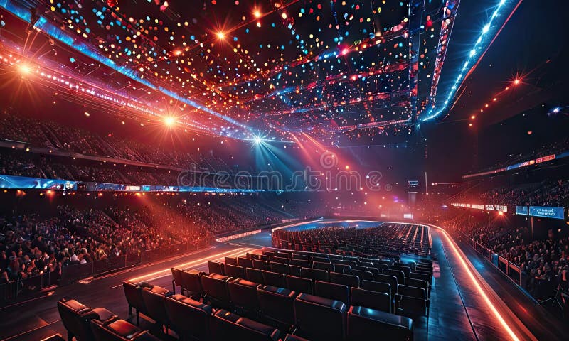 A Large Auditorium with a Stage in the Middle of it, with a Red and ...