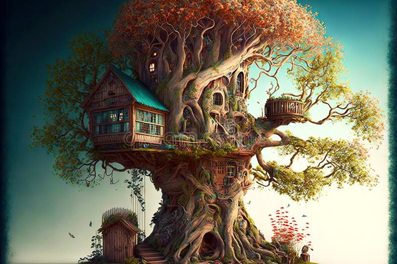 Large Autumn Oak Tree with Tree House Stock Illustration - Illustration ...