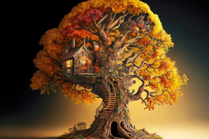 Large Autumn Oak Tree with Tree House Stock Illustration - Illustration ...