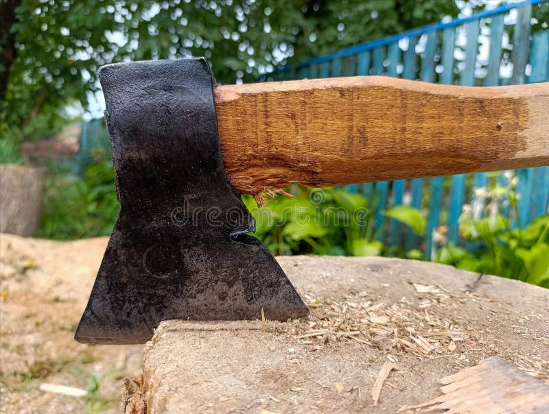 A Large Axe with a Wooden Handle Sitting on Top of a Tree Stump Stock ...