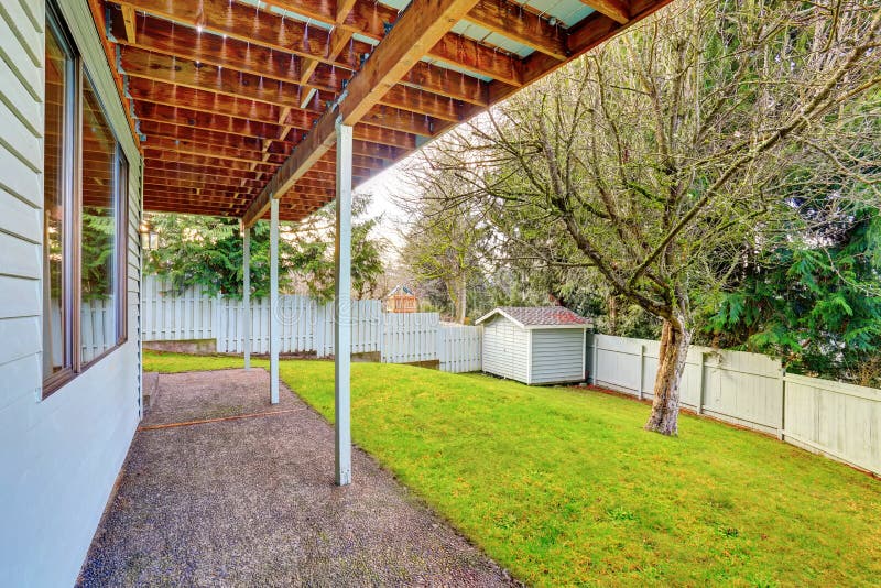 Large Backyard with Grass and Back Deck. Stock Image - Image of house ...