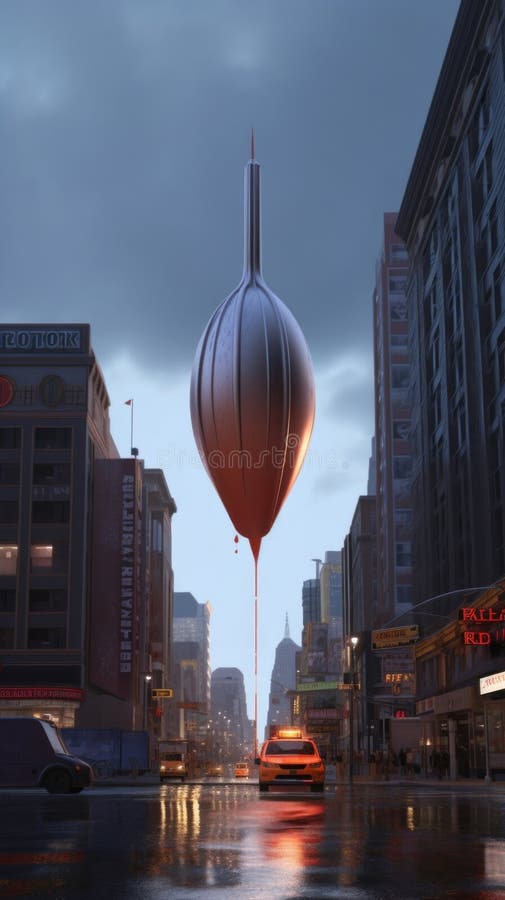 A Large Balloon Floating Over a City Street. Generative AI Image. Stock ...
