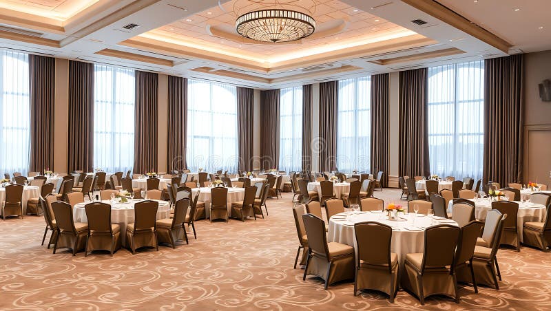 A Large Ballroom with Upholstered Chairs Circular Tables and Dramatic ...