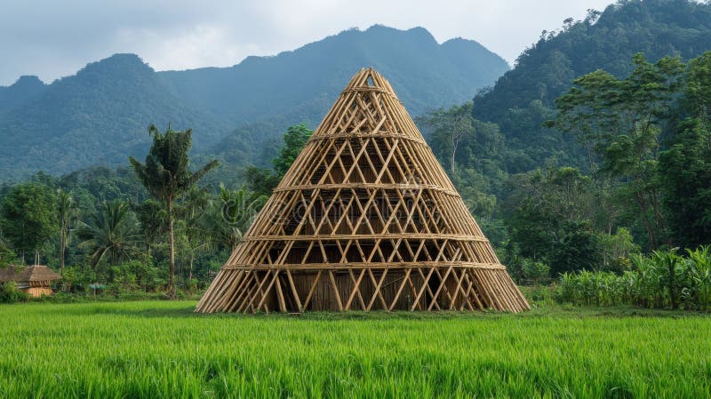 Large Bamboo Cone Structure in a Green Field with Mountain Backdrop ...