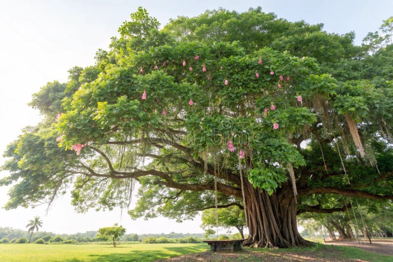 A Big Banyan Tree in Spring Stock Illustration - Illustration of flora ...