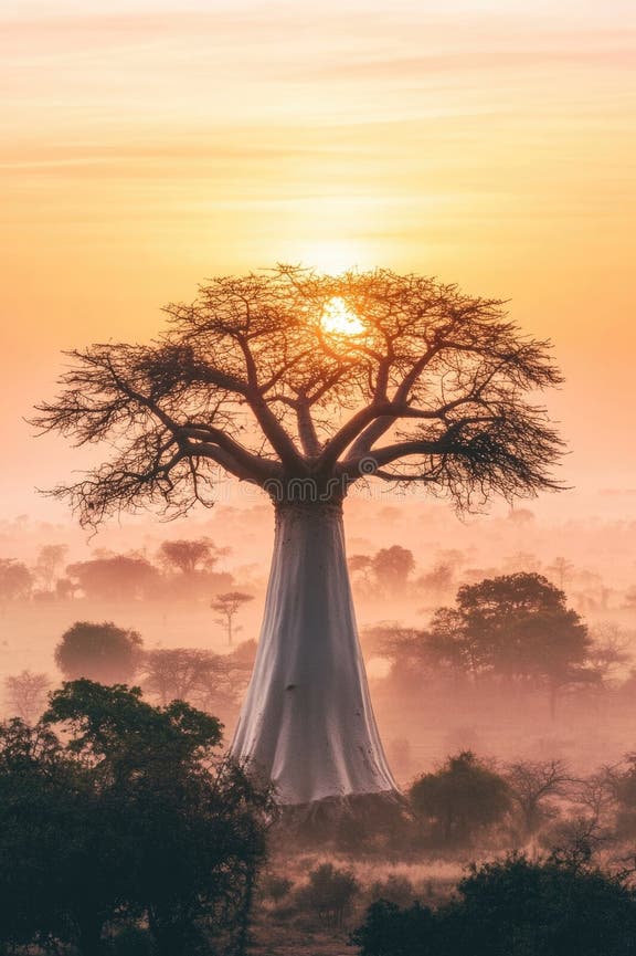 A Large Baobab Tree Stands Tall in a Misty Field Stock Photo - Image of ...