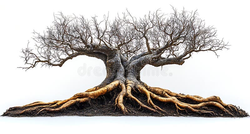 Large Bare Tree with Roots Isolated on White Background Detailed Close ...