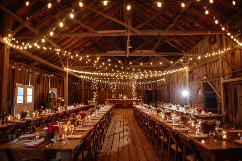 A Large Barn Transformed into a Wedding Reception Venue with Tables ...