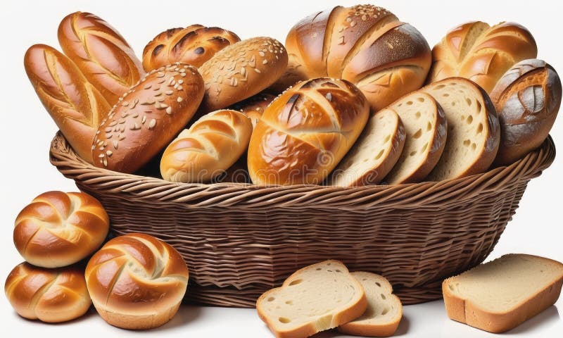 Large Basket Full of Assorted Breads Isolated on White Background Stock ...