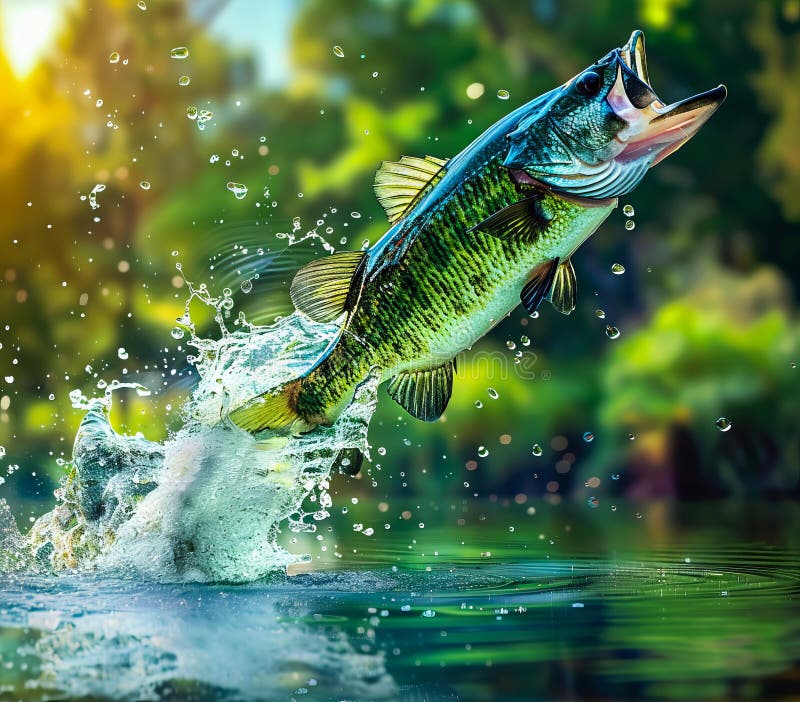 A Large Bass Jumping Out of the Water Stock Photo - Image of fishing ...