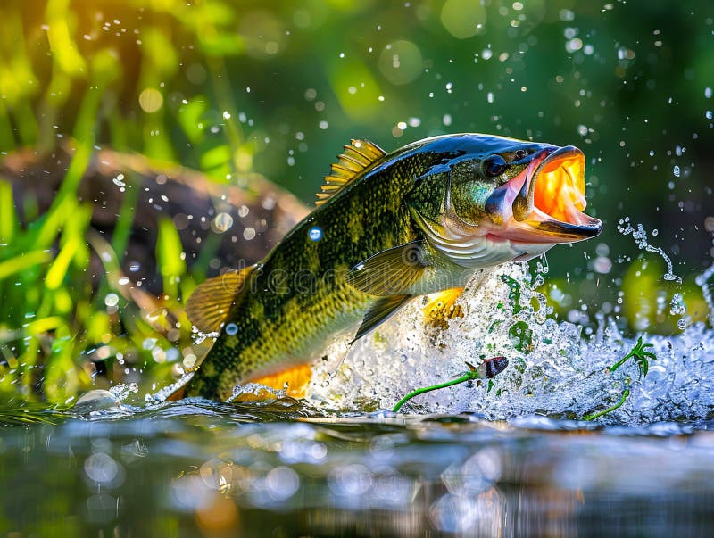 A Large Bass Jumping Out of the Water Stock Image - Image of hook ...