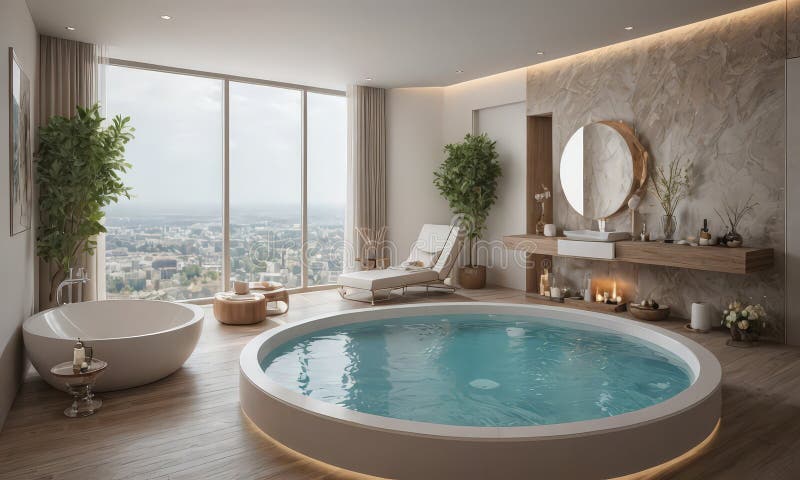 Large Bath Tub in Bathroom with View Stock Photo - Image of mirror ...