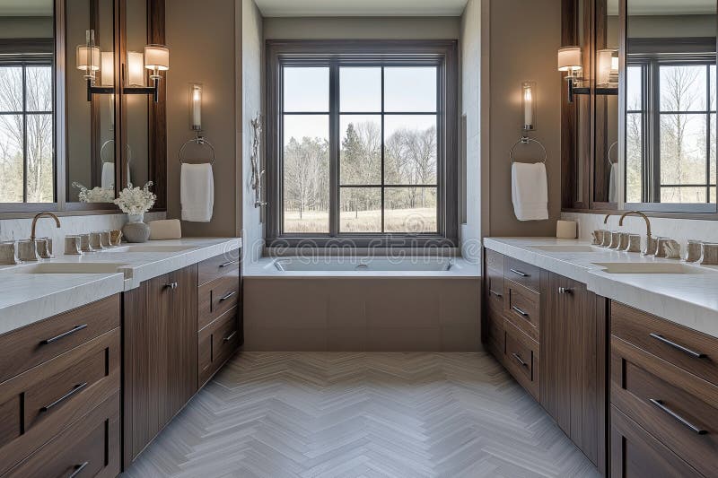 A Large Bathroom with a Bathtub and Two Sinks. Interior Designs Stock ...