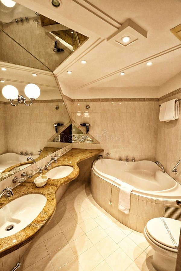Large Bathroom with Pair of Basins and Large Bath Stock Photo - Image ...
