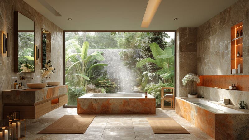 Large Bathroom with Waterfall Background Stock Photo - Image of ...