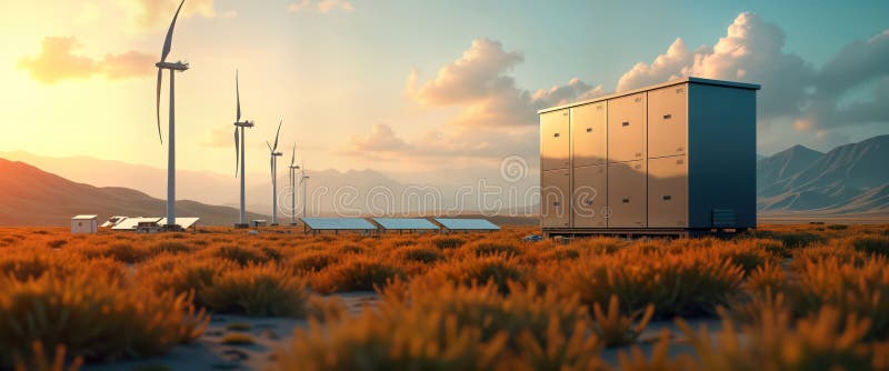 Large Battery Energy Storage System Stands in Foreground. Towering Wind ...