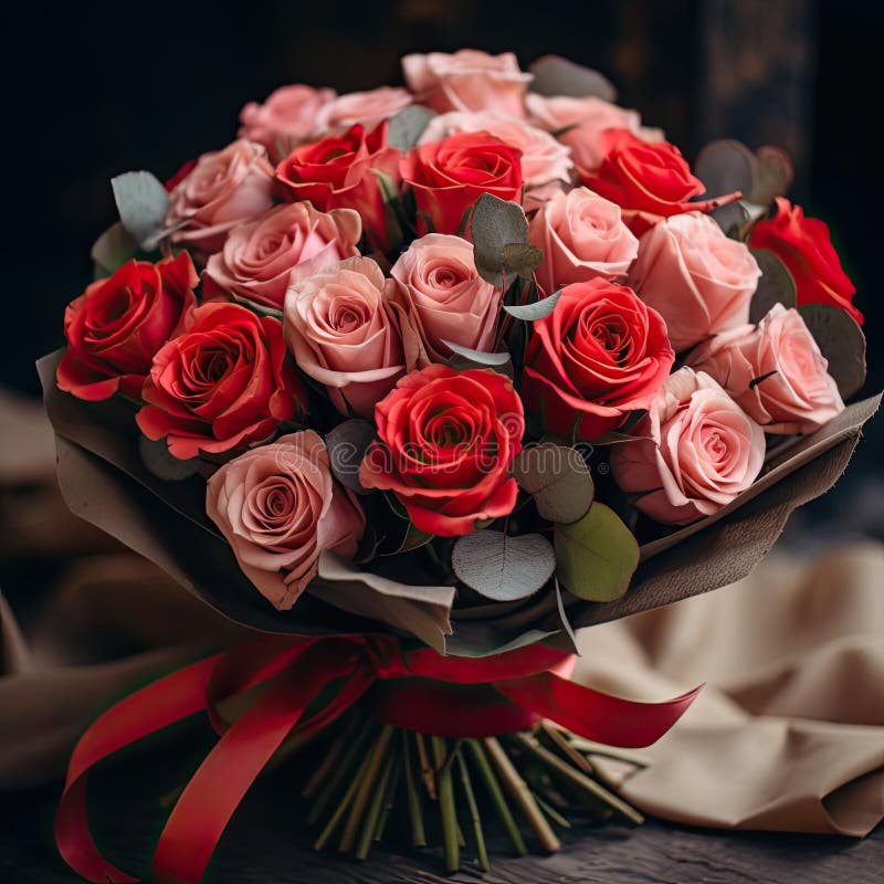 Large Beautiful Bouquet of Red Roses Stock Illustration - Illustration ...