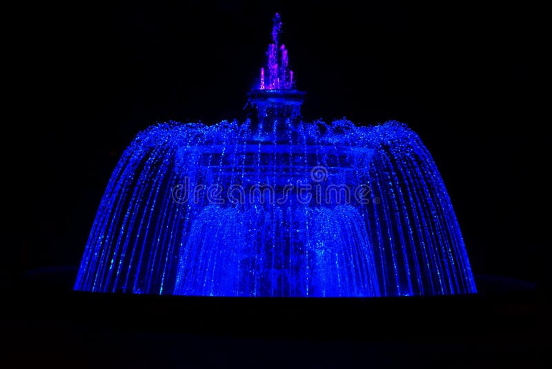Large Fountain with Blue Backlight in the Dark Stock Image - Image of ...
