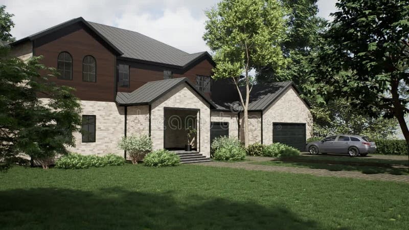 Large Beautiful House with Two Garages. 3d Render of a House. Stock ...