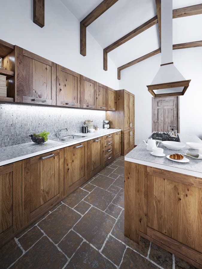 Large Beautiful Kitchen in a Rustic Style. Stock Image - Image of ...