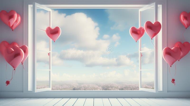 Large Beautiful Opened Window with Heart-shaped Balloons Stock ...
