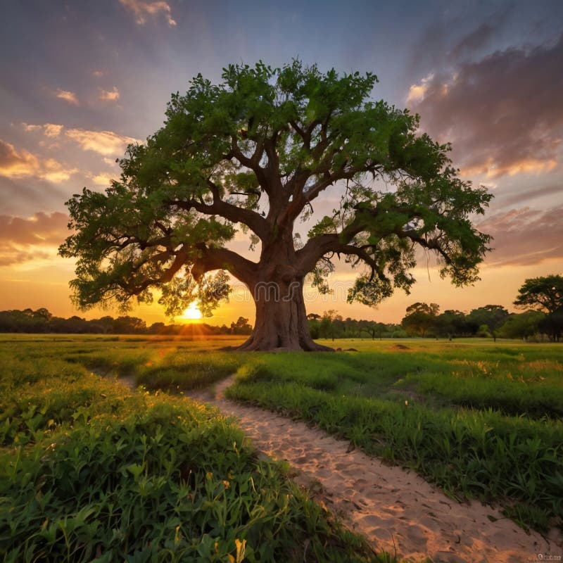 A Large Beautiful Tree Grows Alone in a Field. Sunset Stock Photo ...