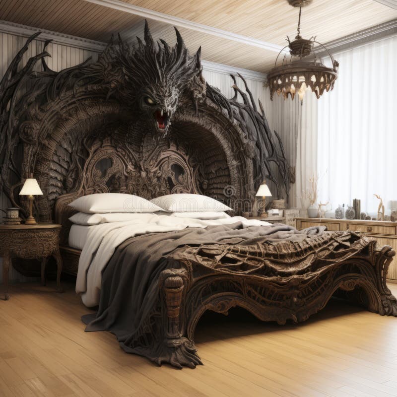 A Large Bed with a Dragon Head on Top of it Stock Illustration ...