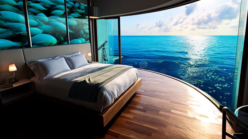 A Large Bed with a View of the Ocean. Stock Photo - Image of view ...