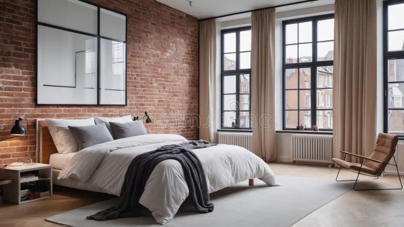 A Large Bedroom Interior in the Loft Style Featuring Brick Walls and ...