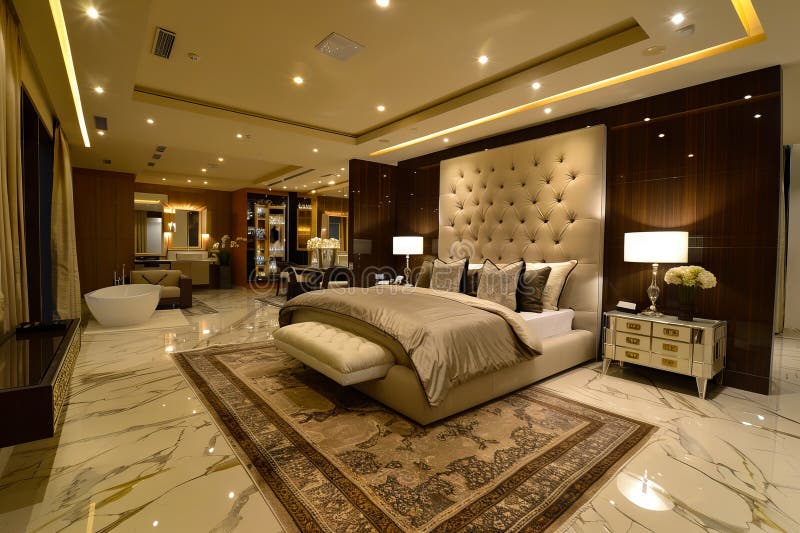 A Large Bedroom with Marble Floors and a Bed Stock Image - Image of ...