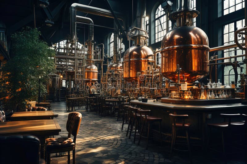 A Large Beer Hall with Big Stills, Tables and Chairs Inside Stock ...