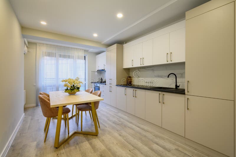 Large Beige and Cream Luxury Kitchen Interior Stock Photo - Image of ...