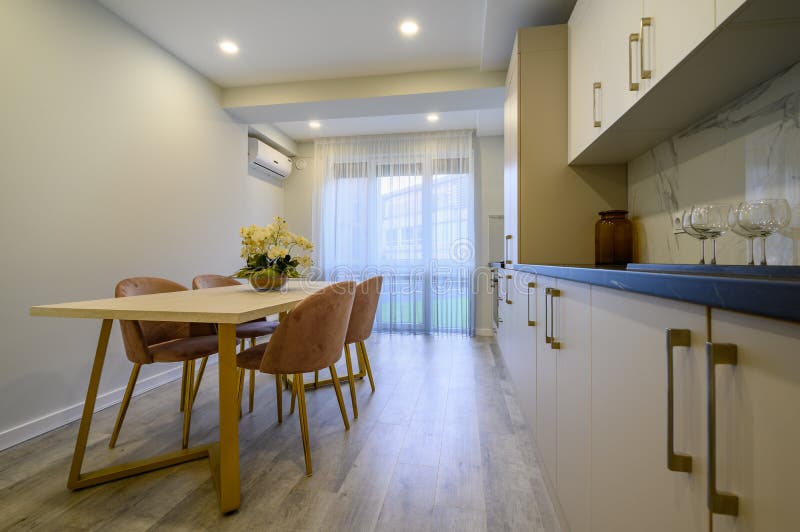 Large Beige and Cream Luxury Kitchen Interior Stock Photo - Image of ...