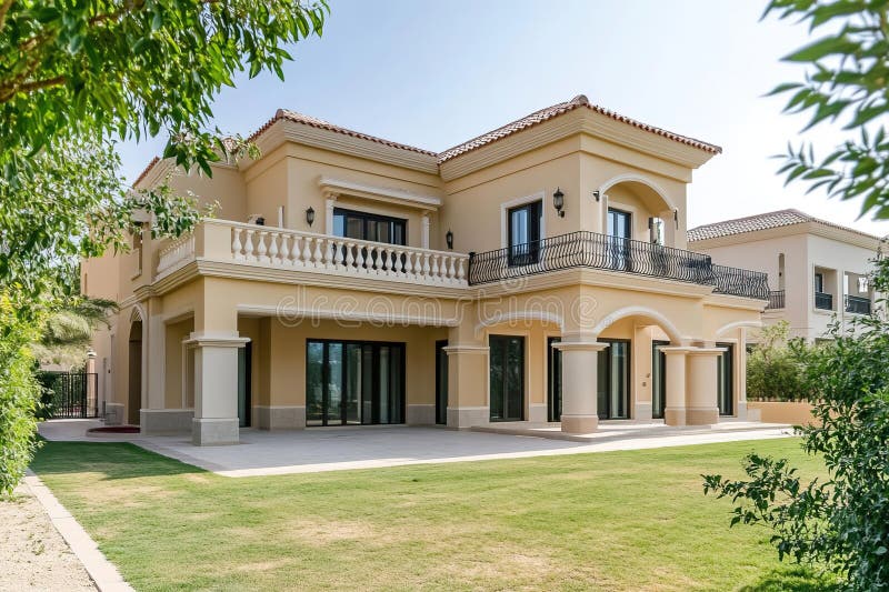 Large Beige House with Backyard Stock Photo - Image of rendering ...