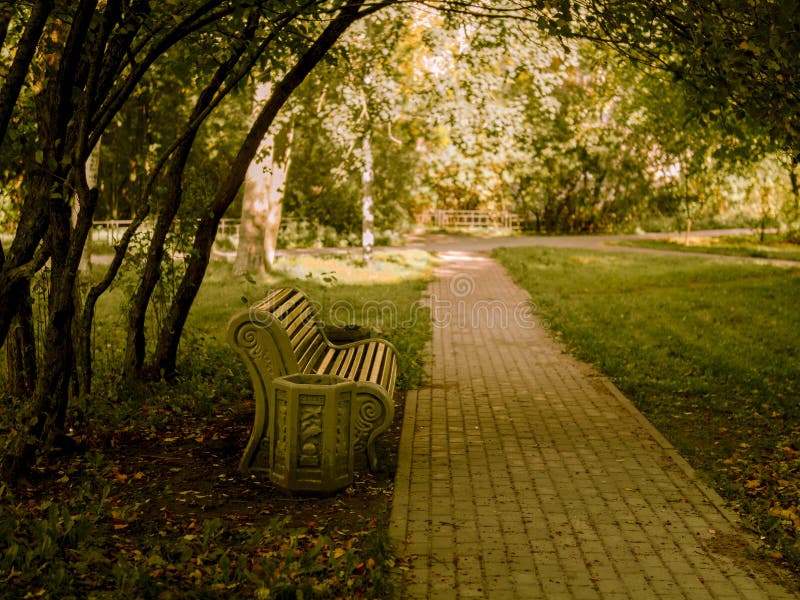 Large Bench on the Path in the Park among the Trees, Autumn Back Stock ...