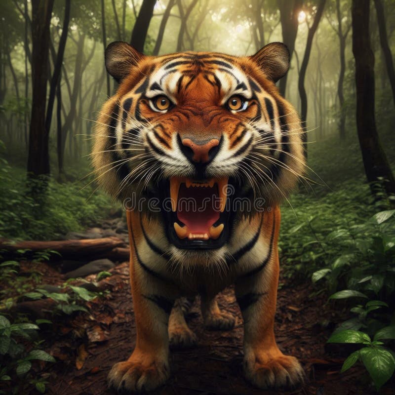 A Large Bengal Tiger in the Dense Forests of India, Baring Its Teeth ...