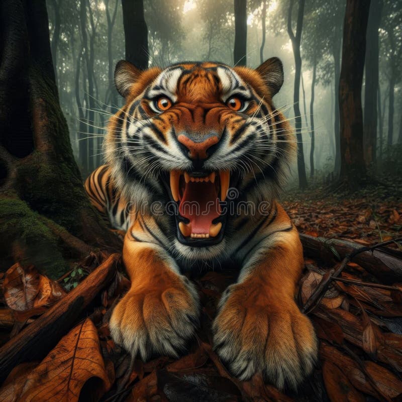 A Large Bengal Tiger in the Dense Forests of India, Baring Its Teeth ...