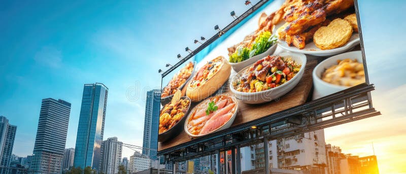 A Large Billboard Advertising Food in the Middle of a City Stock ...