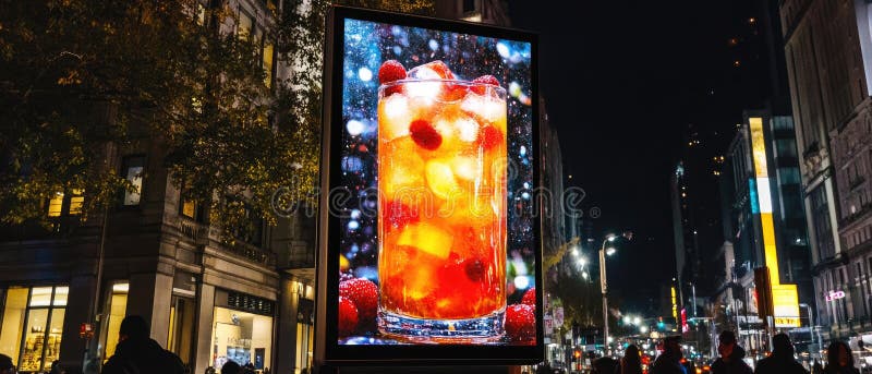 A Large Billboard in the City at Night Advertising a Refreshing Drink ...