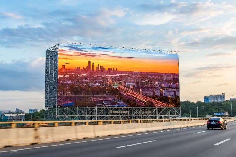 Large Billboard with a City Skyline and a Car Driving by Stock Photo ...