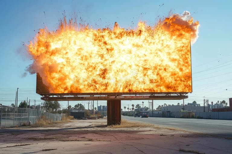 Large Billboard Exploding in Flames by the Side of a Highway, Creating ...