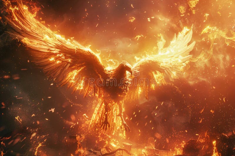 A Large Bird Flying through a Fiery Sky with Flames and Smoke Stock ...