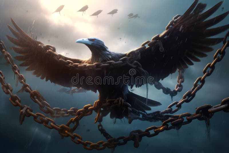 Large Bird Sitting on Top of Chain with Birds Flying in the Background ...