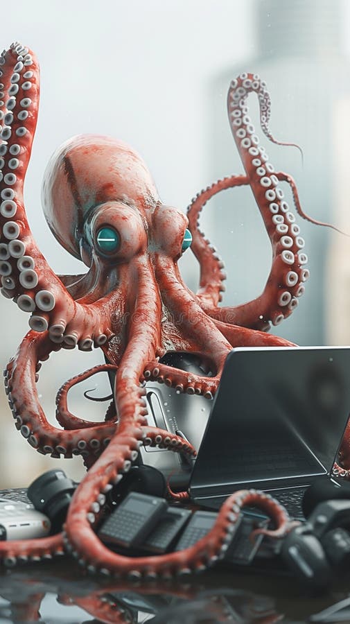 Octopus Sitting on a Laptop Computer with a City in the Background ...