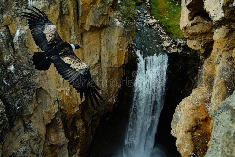 A Large Bird Soaring Above a Stunning Waterfall Stock Photo - Image of ...