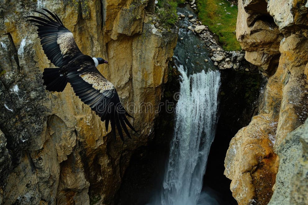 A Large Bird Soaring Above a Stunning Waterfall Stock Photo - Image of ...