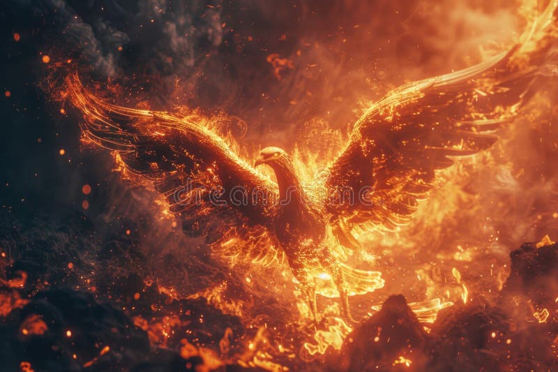 A Large Bird Soars through a Fiery Sky, with Flames Engulfing the ...