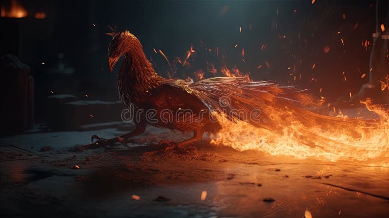 A Large Bird Standing on Top of a Fire Filled Floor Stock Illustration ...