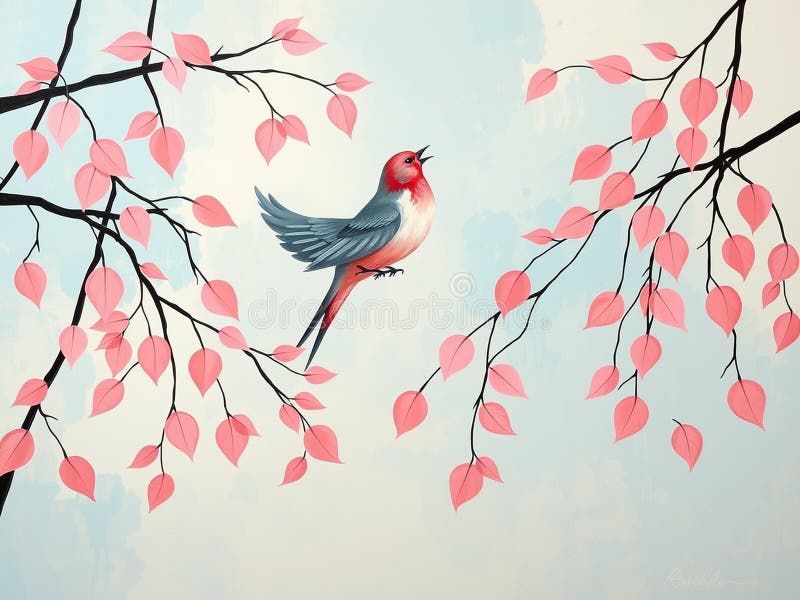 Large Birds, a Serene Autumn Scene with Leaves in Soft Pink Falling ...